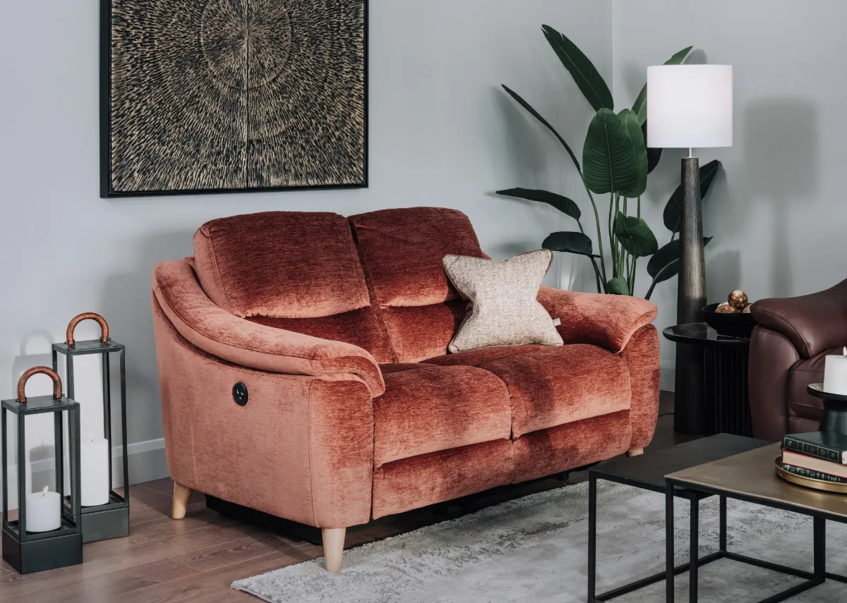 2 Seater Rust Brown Fabric Power Recliner - Blaze - EZ Living Furniture