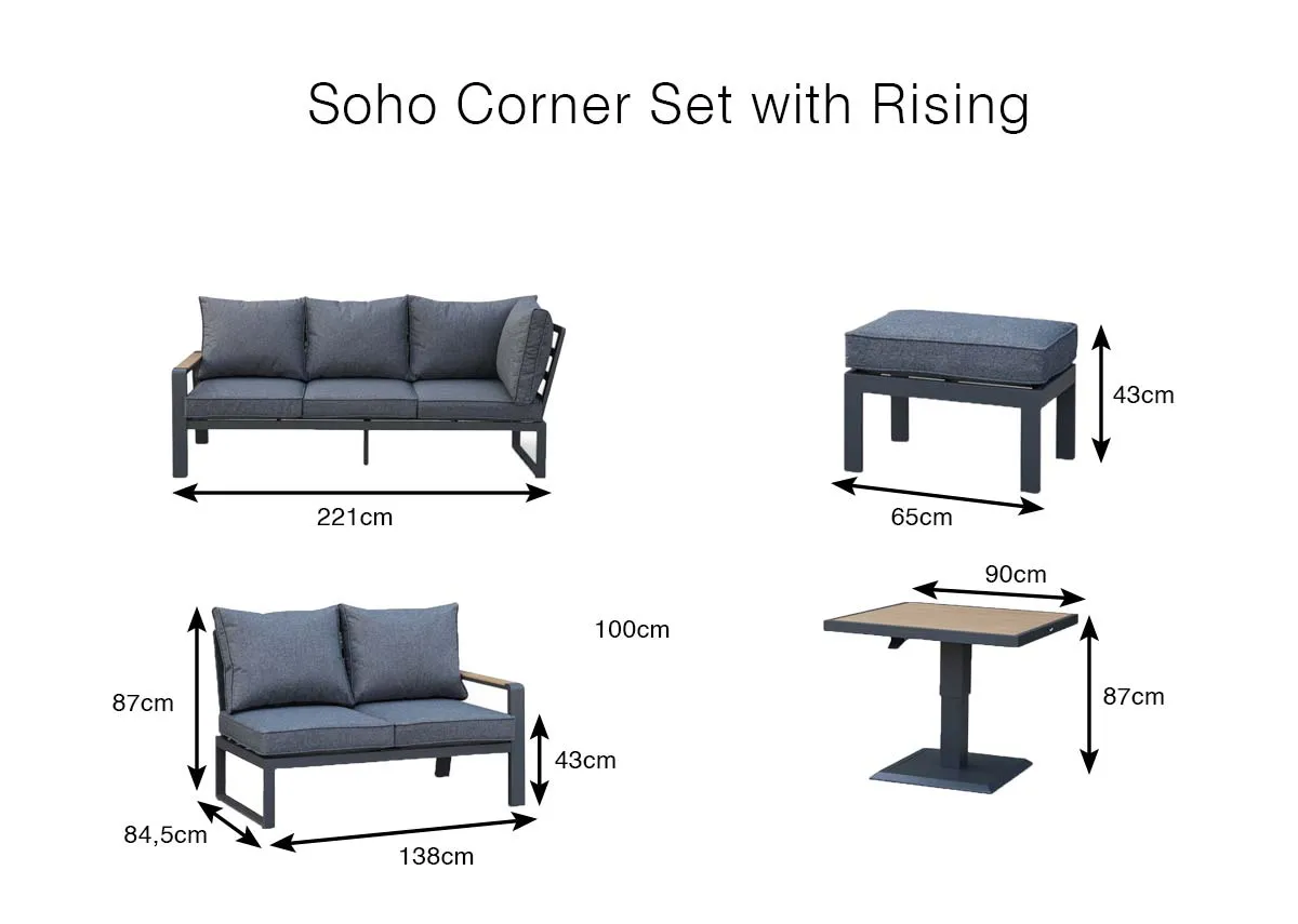 Grey Corner Garden Set with Rising Table - Soho - EZ Living Furniture