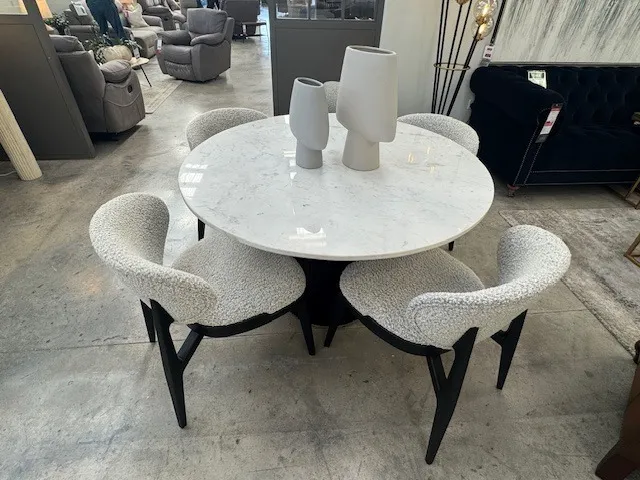 Rego Marble & Black Mango Round Dining Table & 4 x Joey Light Grey ...
