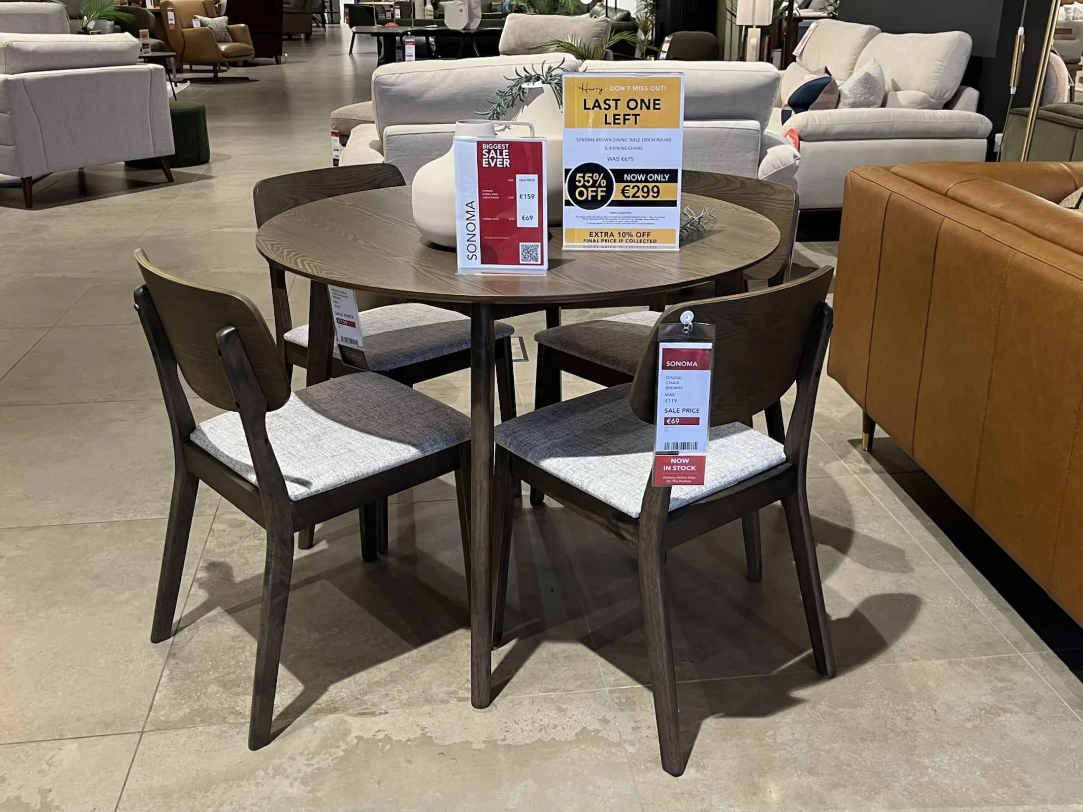 Sonoma Brown Round 100cm Dining Table & 4 Dining Chairs (Carlow Floor ...